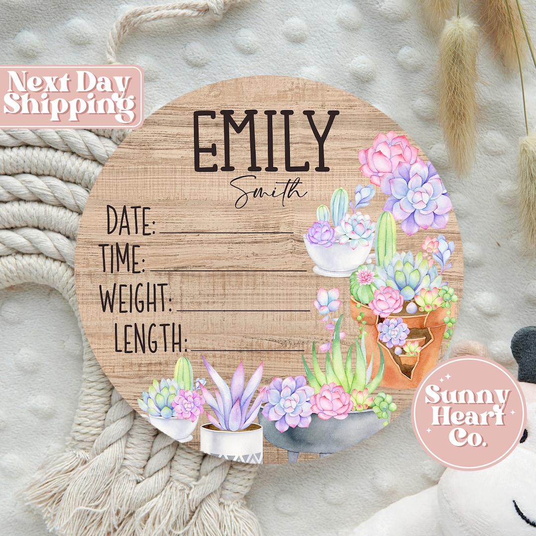 Succulent Baby Girl Birth Announcement Stat Sign Newborn Western Desert ...