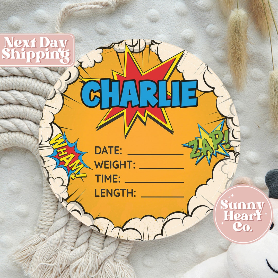 Comic Book Baby Boy Birth Announcement Stat Sign Newborn Round Name ...