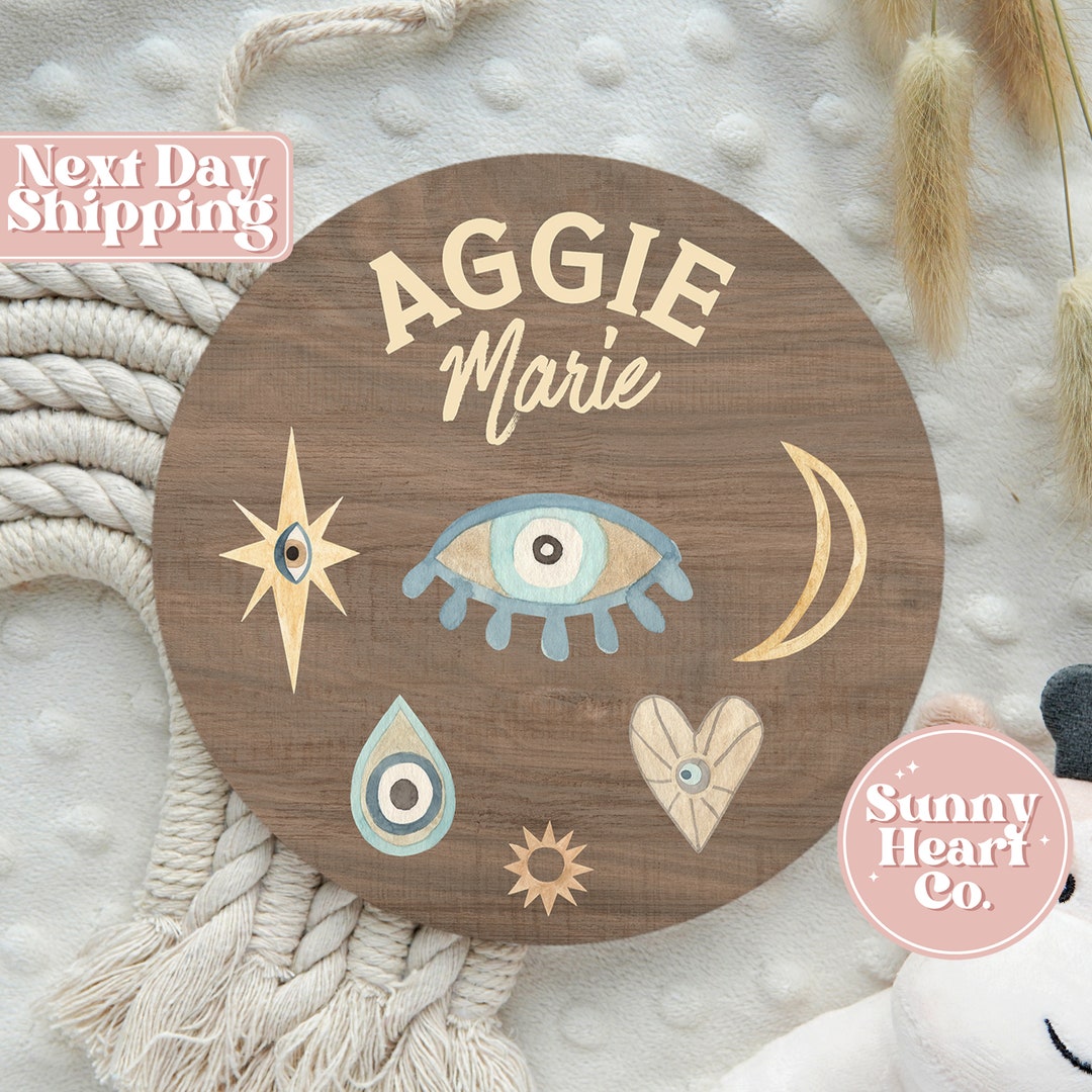 Personalized Evil Eye Round Wood Sign Evil Eye Theme Newborn Name ...