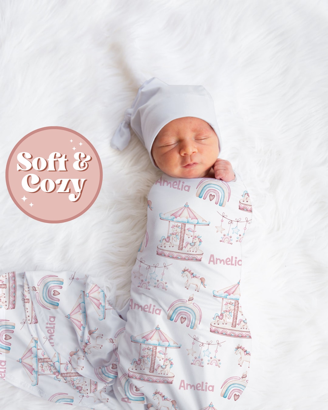 Girl Carousel Swaddle Set, Carousel Swaddle Blanket, Personalized Baby ...