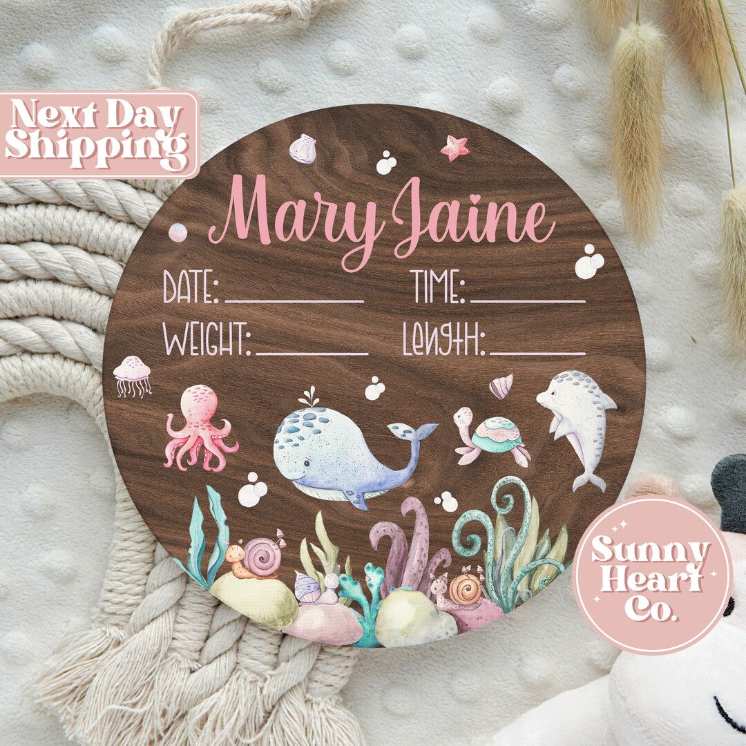 Personalized Sea Animals Round Wood Baby Birth Stat Sign Nursery Decor ...
