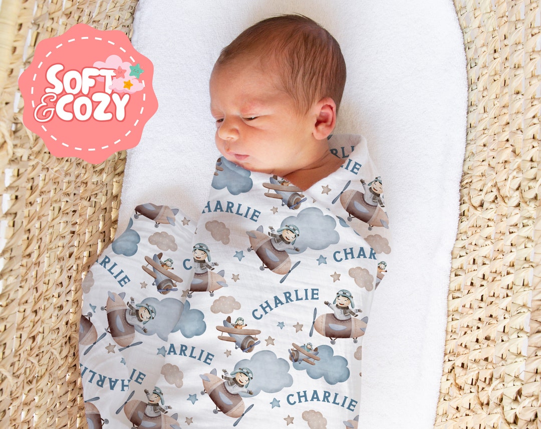 Airplanes Baby Boy Swaddle Aviation Newborn Swaddle With Name Pilot ...
