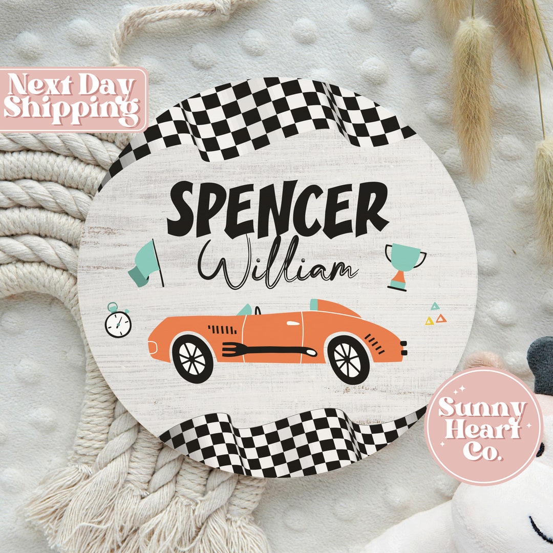 Personalized Race Car Baby Name Round Wood Sign Racing Theme Baby Boy ...