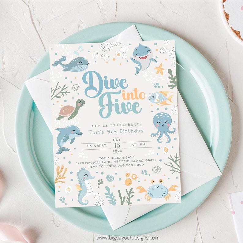 Dive Into Five Birthday Invitation. Boys Ocean Animals Theme. Editable ...