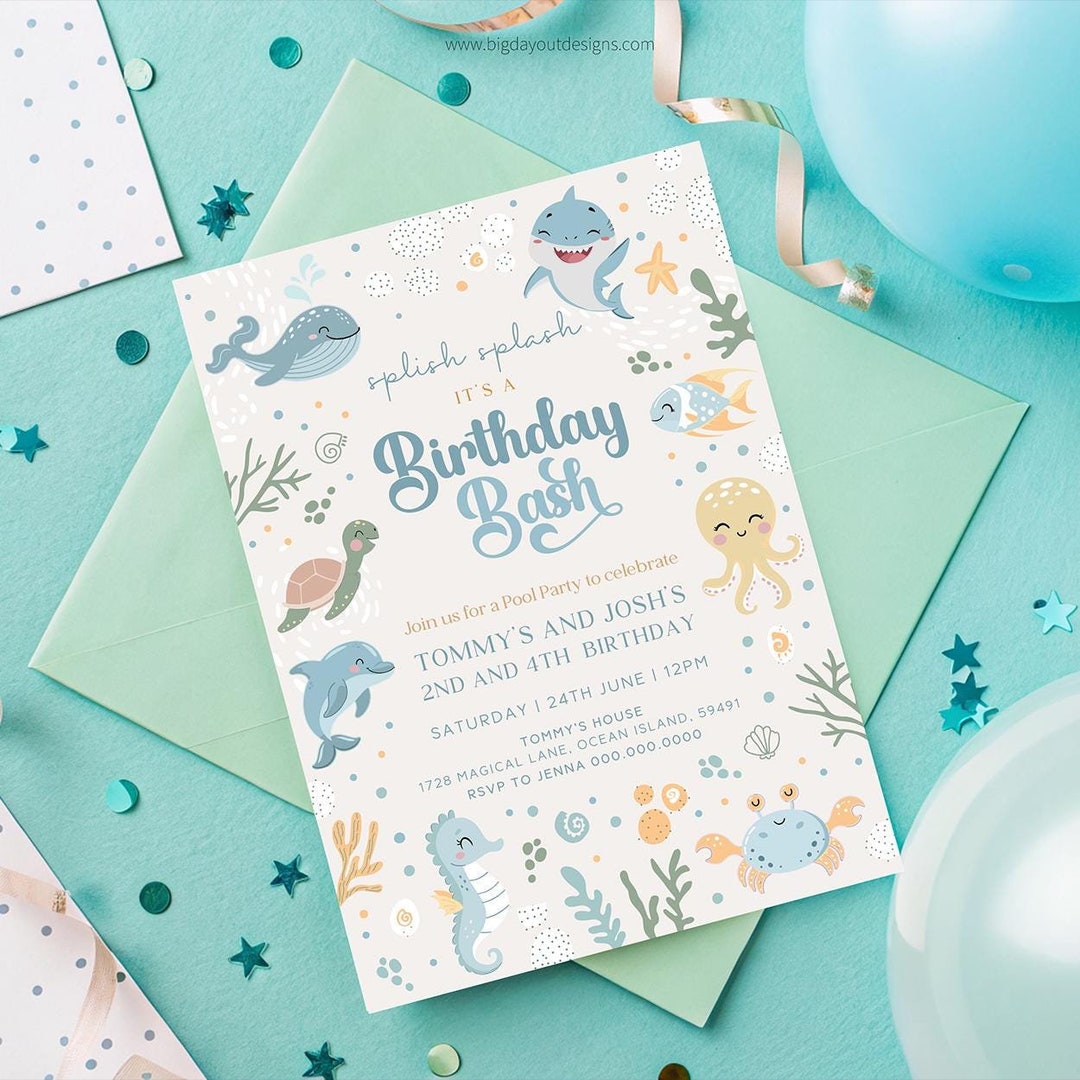 Ocean Animal Birthday Invitations. Joint Birthday Invite. Under the Sea ...