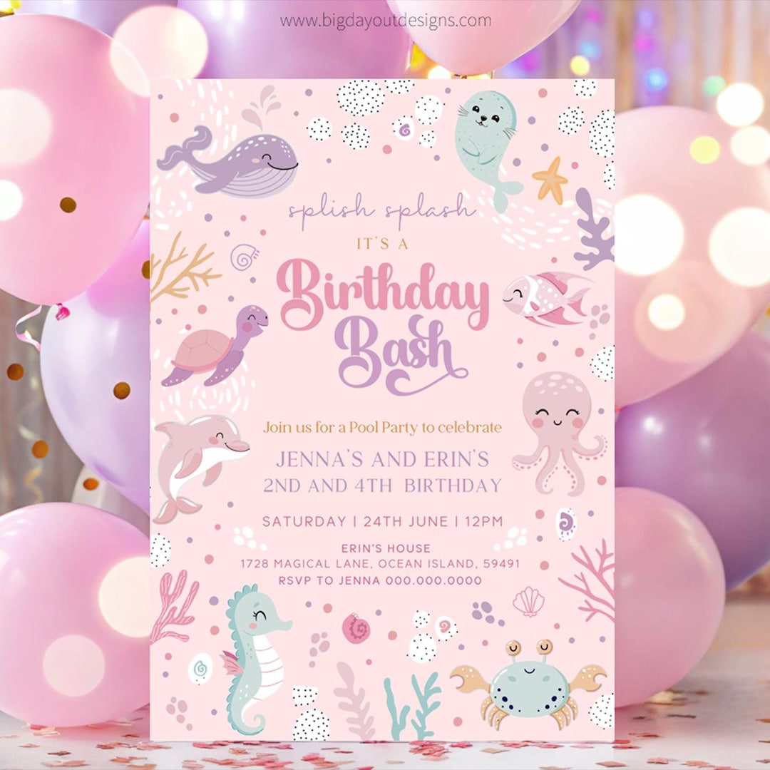 Ocean Animal Birthday Invitations. Joint Birthday Invite. Under the Sea ...