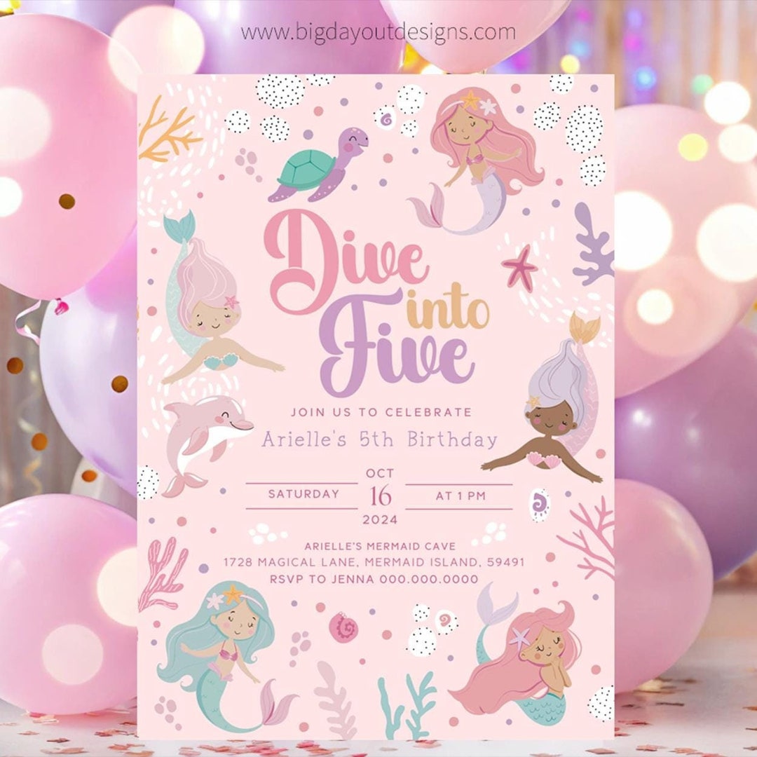 Dive Into Five Mermaid Invitation - Pink Girl 5th Birthday Invite - Editable Template - Pastel ...