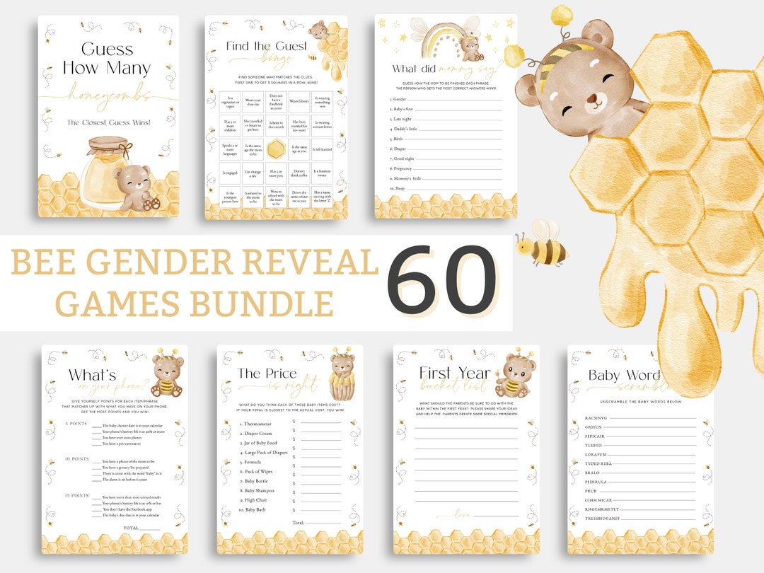Bee Gender Reveal Games Bundle. Printable 60x Bumble Bee Fun Game Set ...