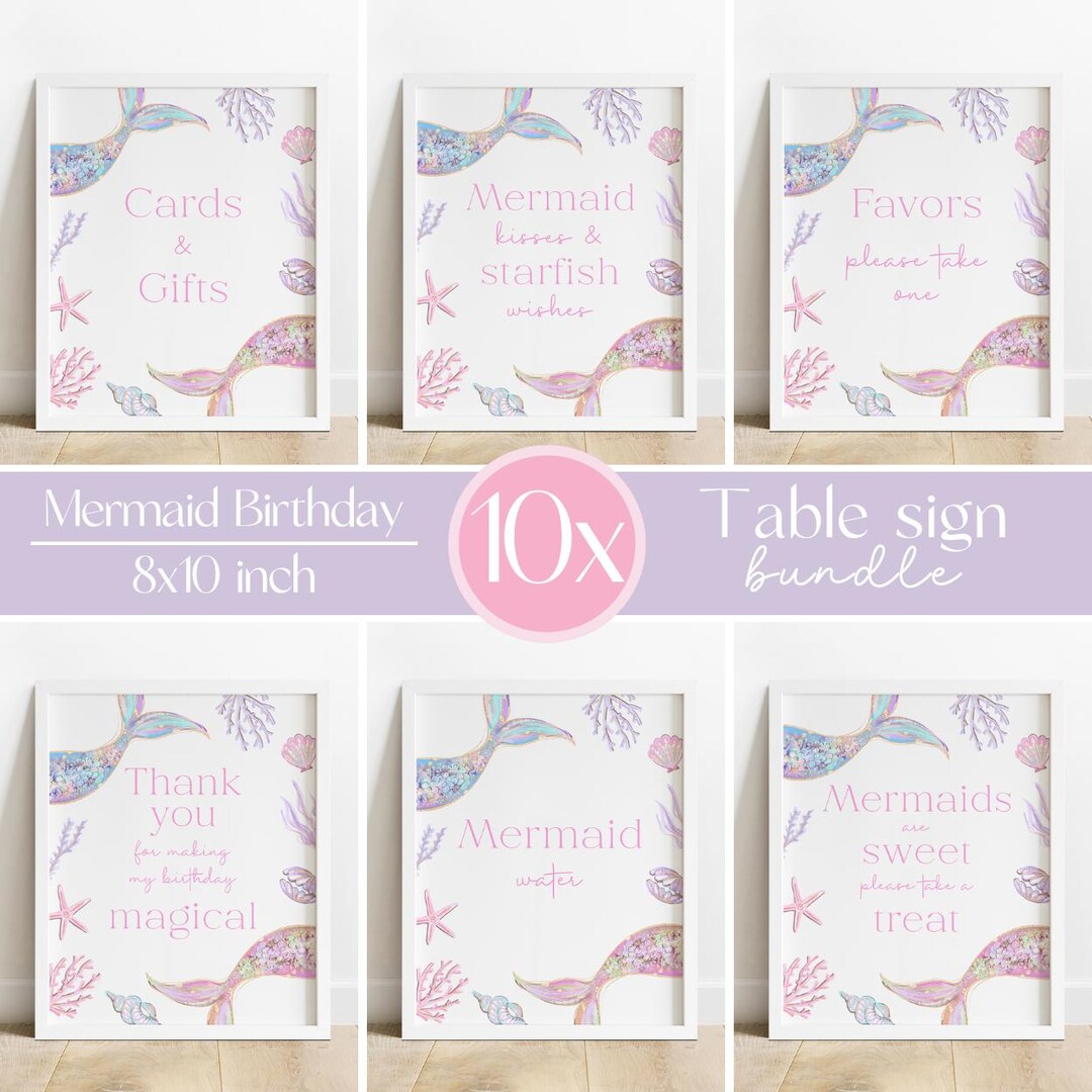 Mermaid Tail Sign Bundle. Pastel Mermaid Cards & Gifts Sign, Favor ...