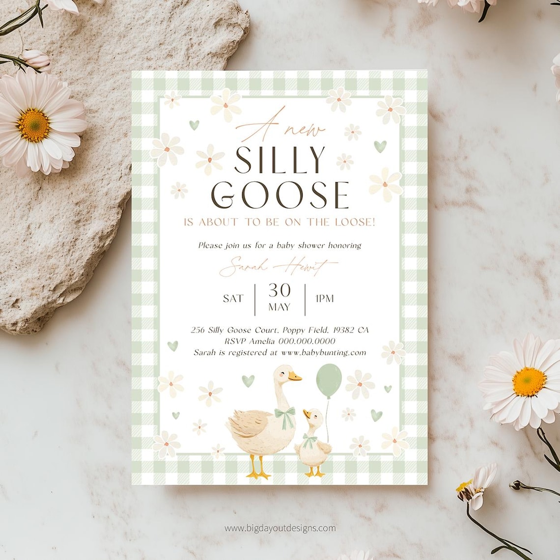 Goose Baby Shower Invite Green. Gender Neutral Gingham Silly Goose on ...
