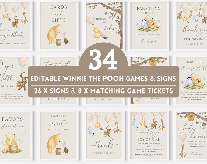 Editable Vintage Winnie the Pooh Baby Shower Games and Table Sign ...