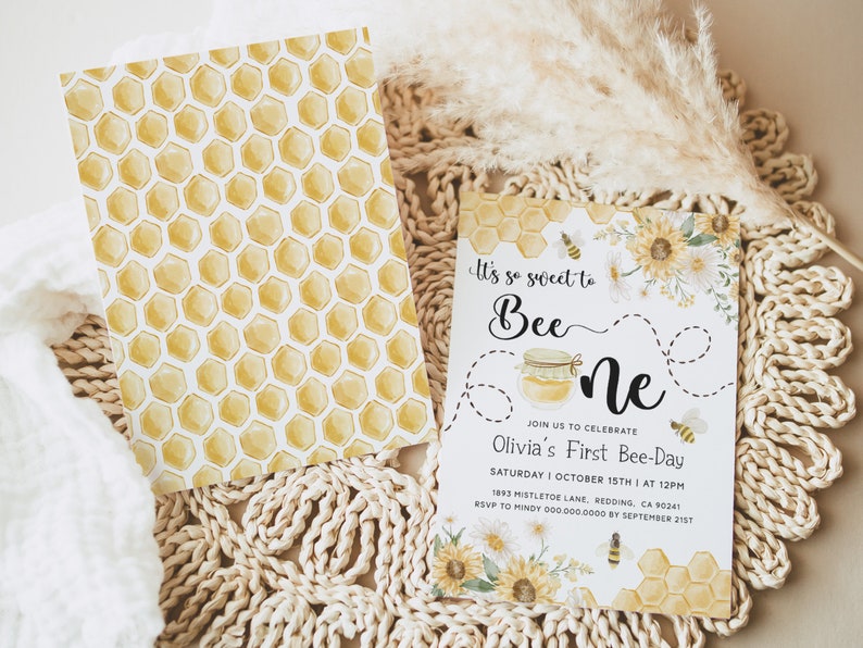 Bee 1st Birthday Invitations. First Bee Day Invites. Honey Bee Themed ...