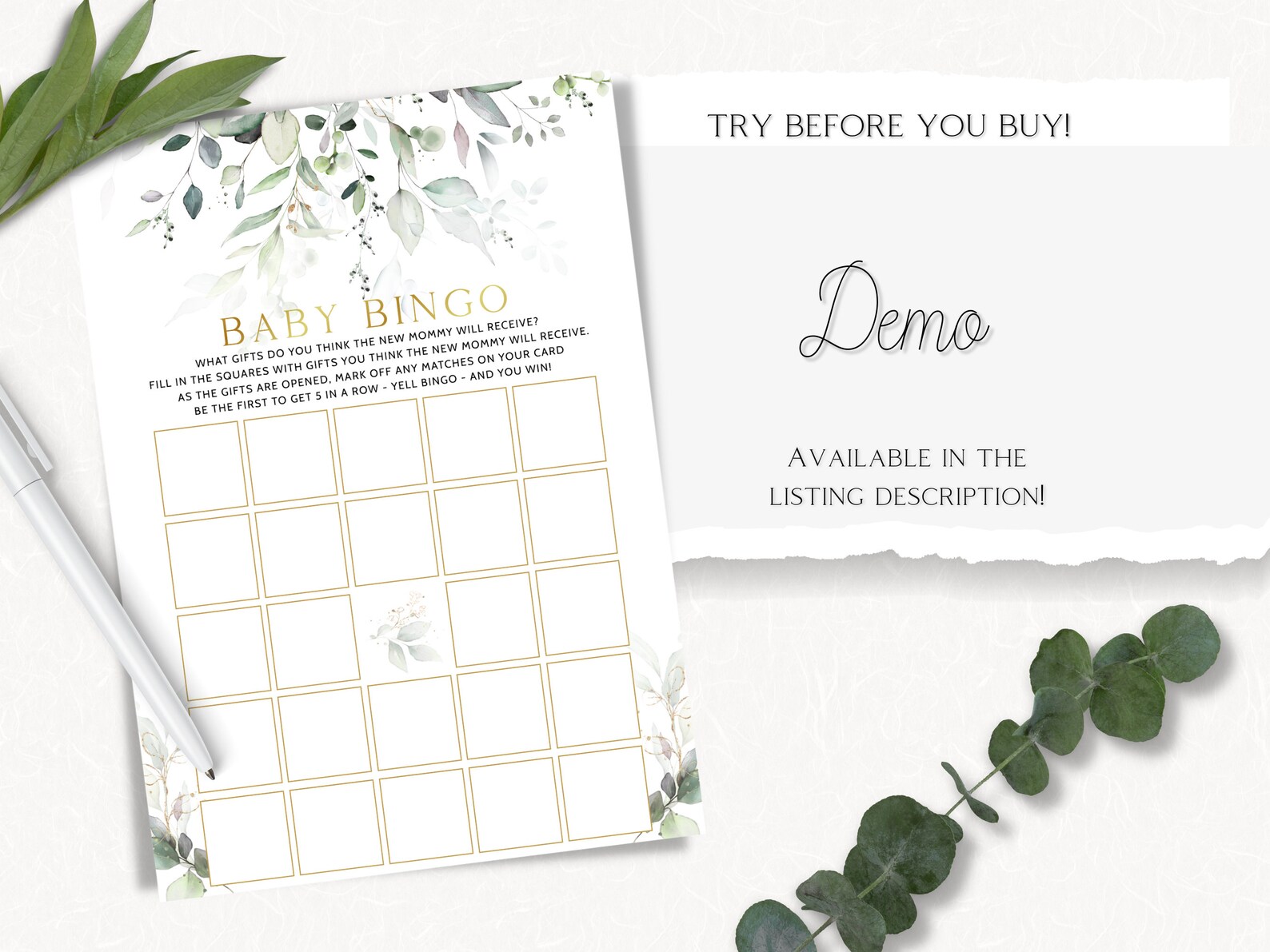 Eucalyptus Shower Baby Bingo. Baby Shower Bingo Printable. Find the ...
