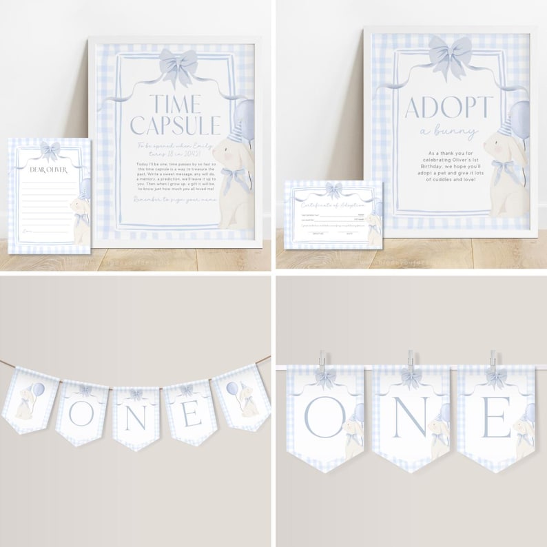Some Bunny Is One Birthday Bundle Editable Blue Bow Rabbit Party Set ...