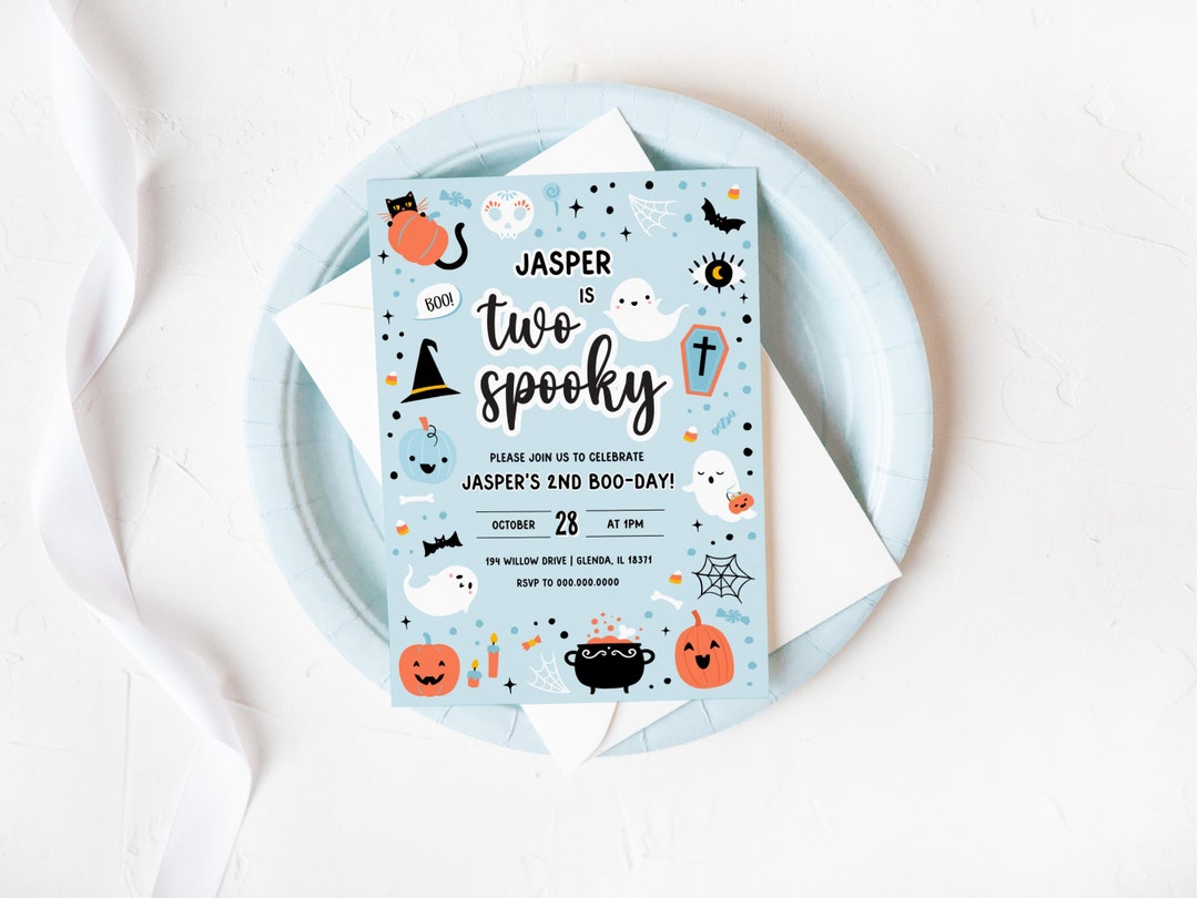 Two Spooky Invitation Editable Boy Halloween Ghost 2nd Birthday Party ...