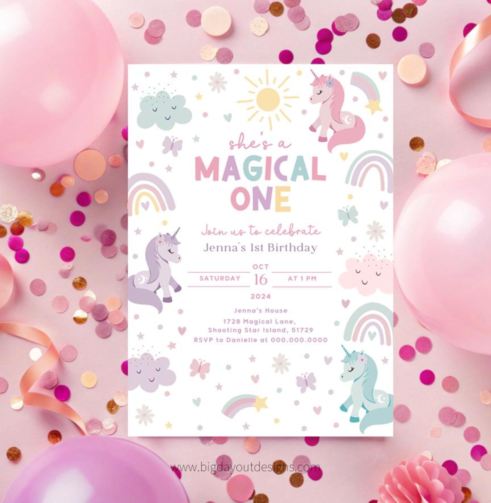 Unicorn First Birthday Invitation. Pastel Rainbow 1st Birthday Invite ...