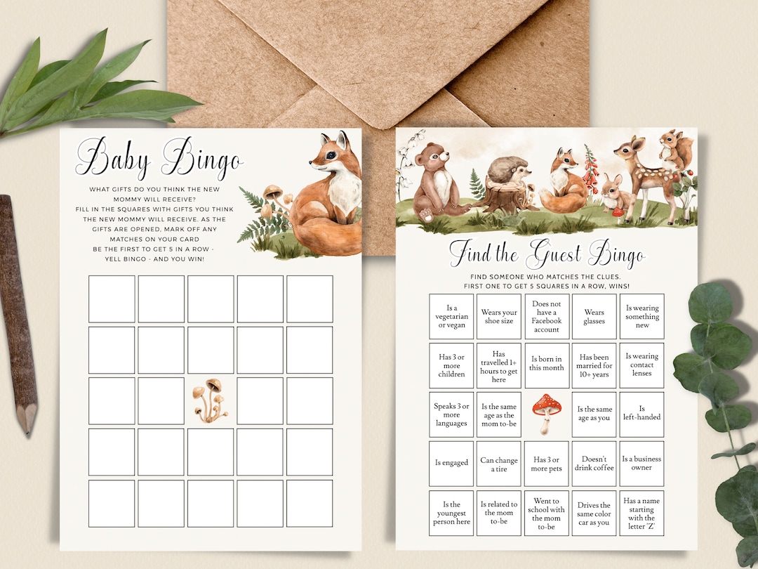 Woodland Baby Shower Bingo. Find the Guest Bingo Printable. Woodland ...