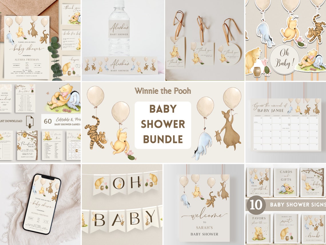 Winnie the Pooh Baby Shower Bundle. Edit Vintage Pooh Bear - Etsy UK