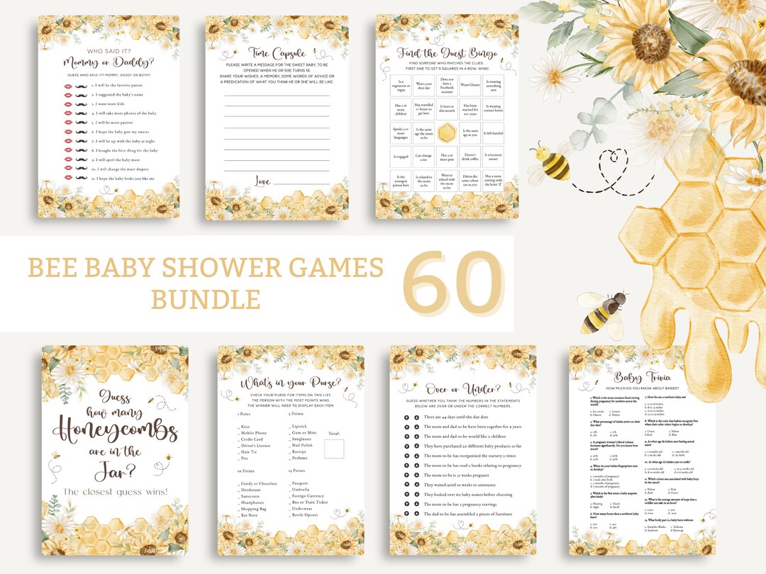 PRINTABLE Bee Baby Shower Games Bundle. 60x Bumble Bee Fun Game Set ...