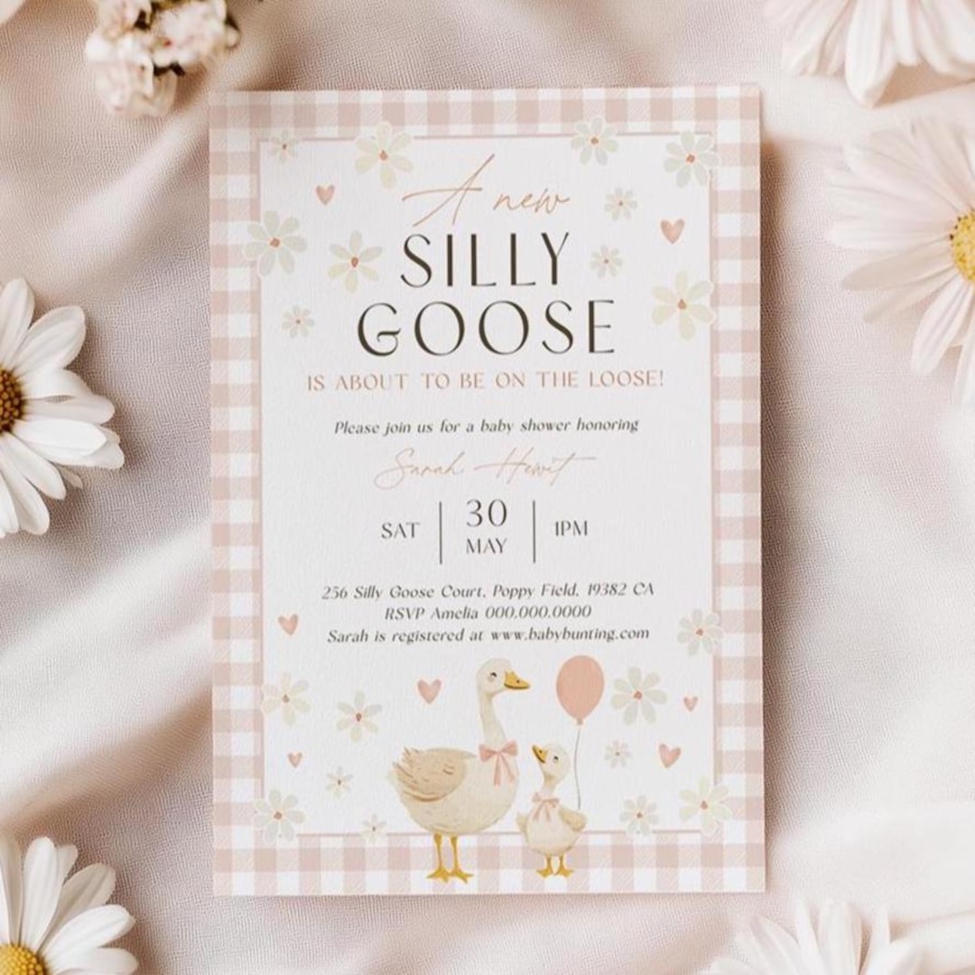 Silly Goose Baby Shower Invites Girl. Pink Gingham Mother Goose ...