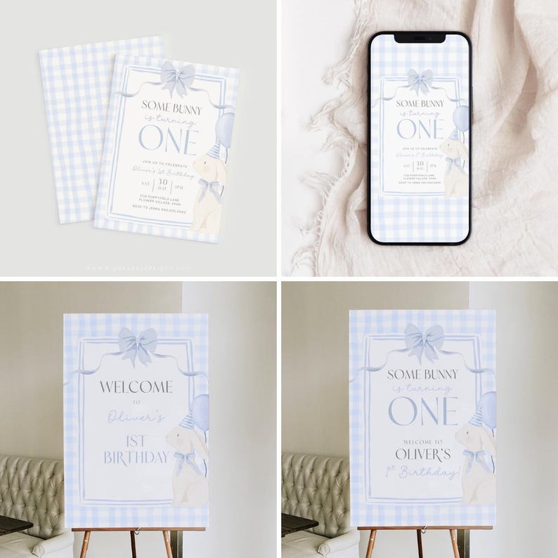 Some Bunny Is One Birthday Bundle Editable Blue Bow Rabbit Party Set ...