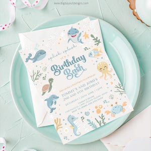 Ocean Animal Birthday Invitations. Joint Birthday Invite. Under the Sea ...