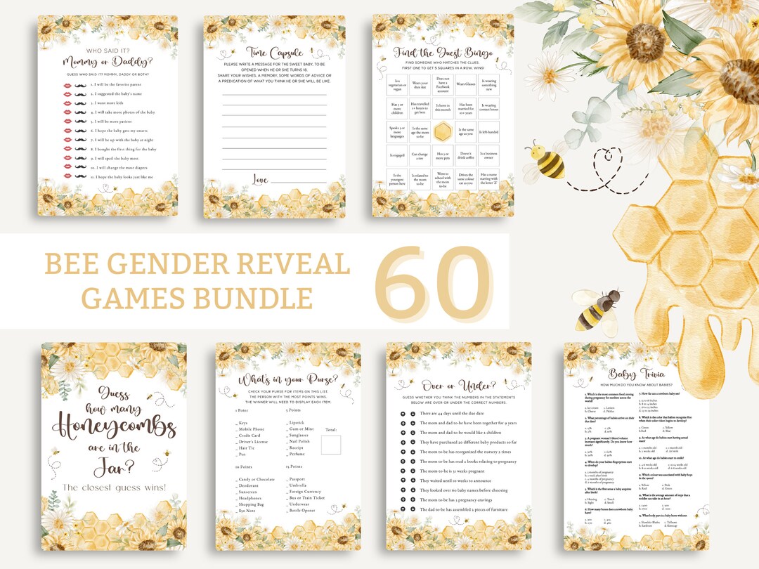 Bee Gender Reveal Games Bundle. Printable 60x Bumble Bee Fun Game Set ...