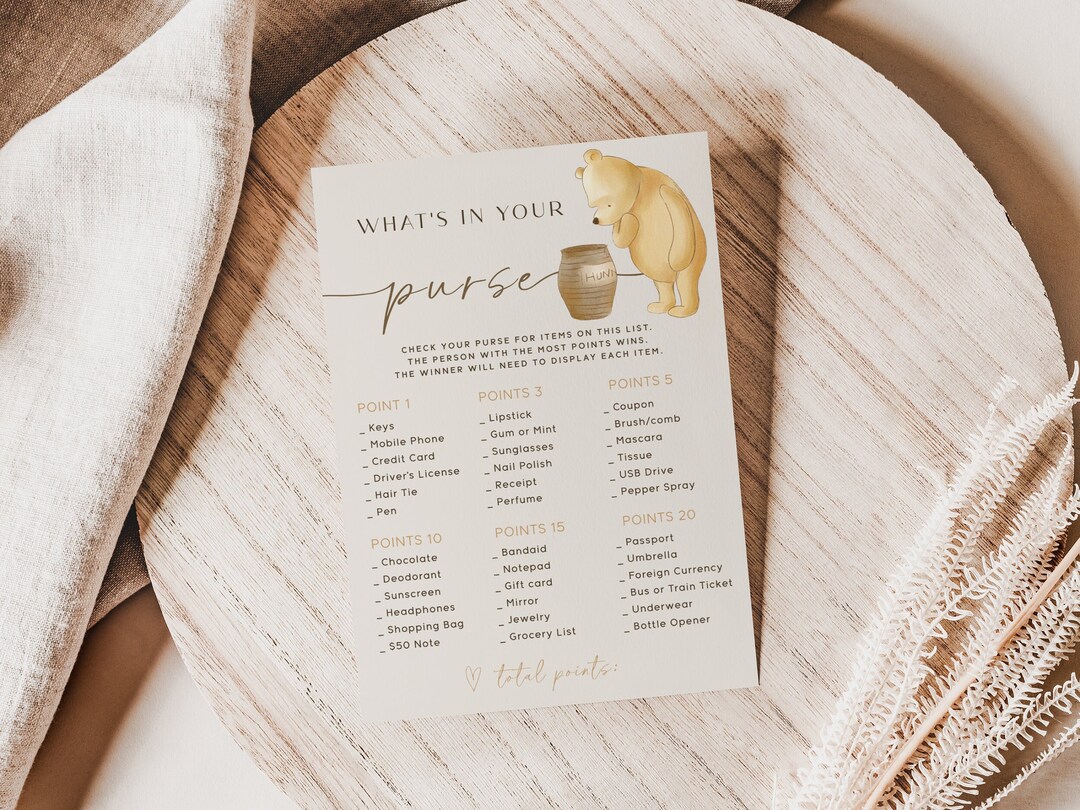 What's in Your Purse Game Baby Shower Game. Winne the Pooh Gender ...