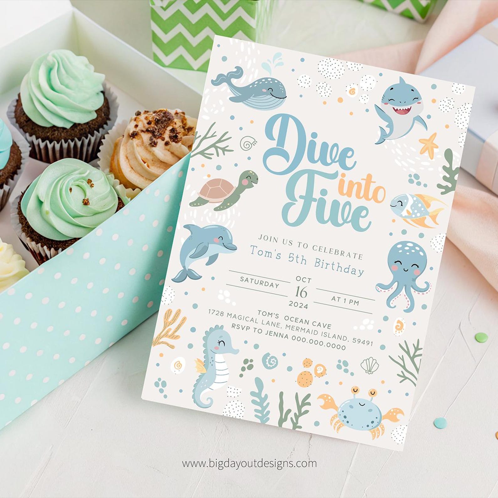 Dive Into Five Birthday Invitation. Boys Ocean Animals Theme. Editable ...