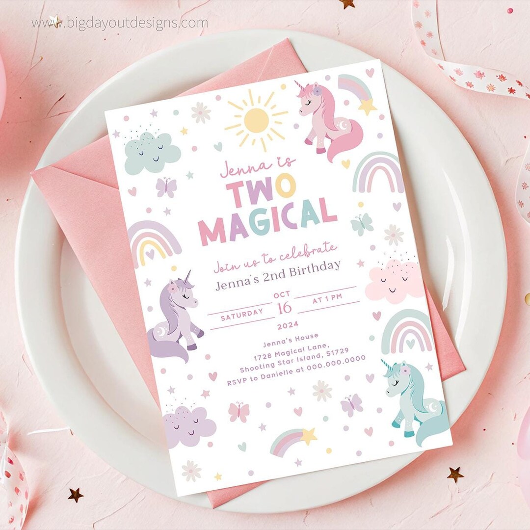 Unicorn Invitation Two Magical. Girls 2nd Birthday Invitation ...