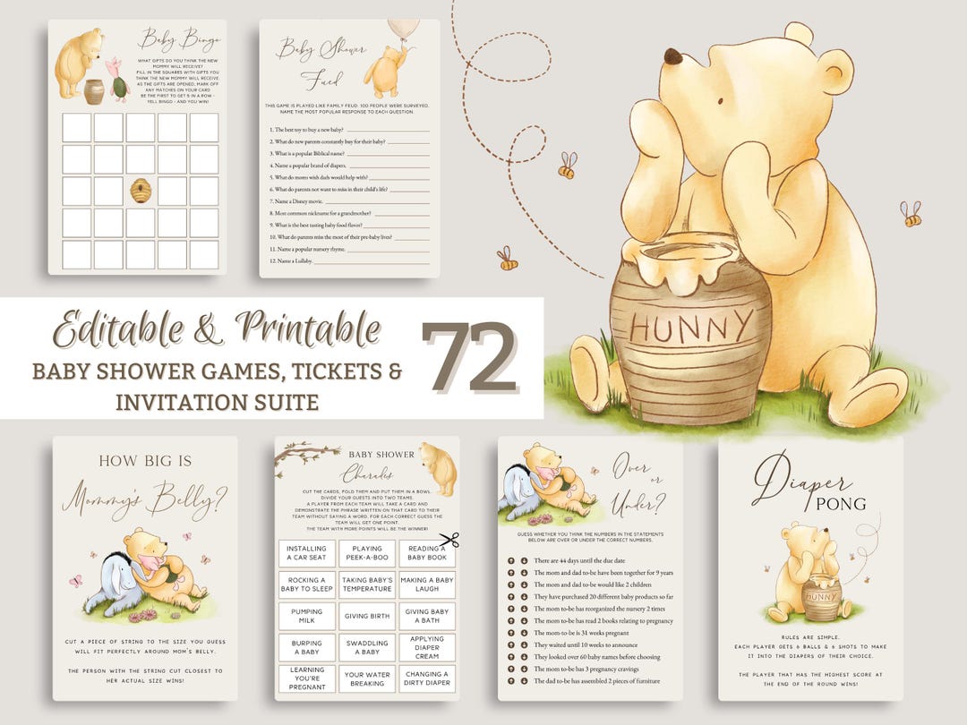 Editable Classic Winnie the Pooh Baby Shower Game Bundle. Gender ...