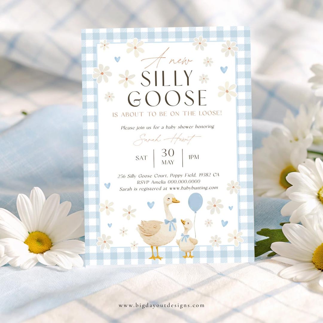 Silly Goose Baby Shower Invitation Boy. Blue Gingham Mother Goose ...