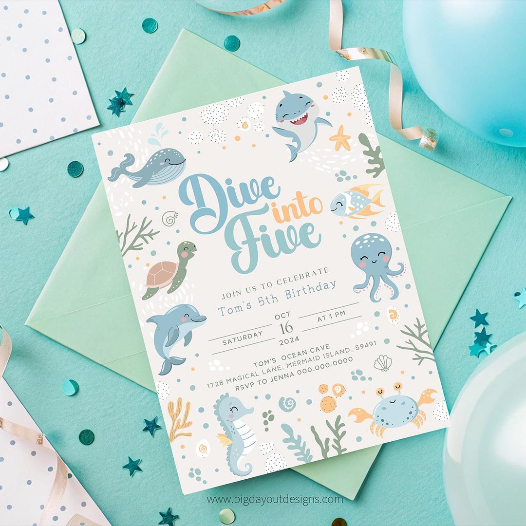 Dive Into Five Birthday Invitation. Boys Ocean Animals Theme. Editable ...