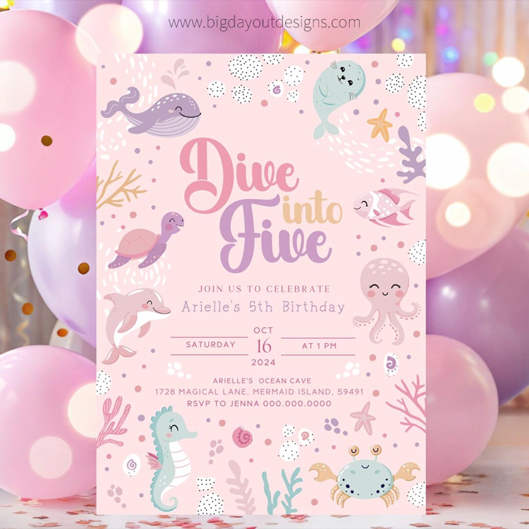 Dive Into Five Birthday Invitation. Ocean Animals Theme. Editable ...