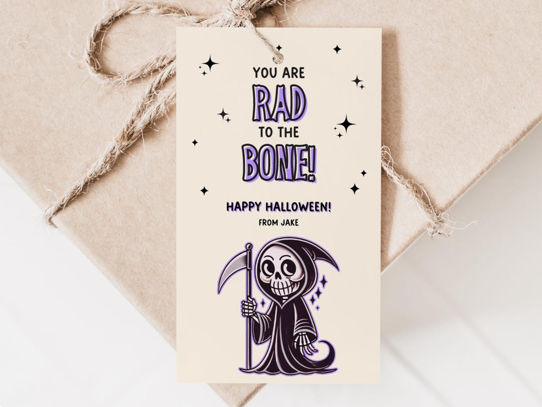 Editable Halloween Grim Reaper Gift Tag. Skeleton Skull Gift Trick or ...