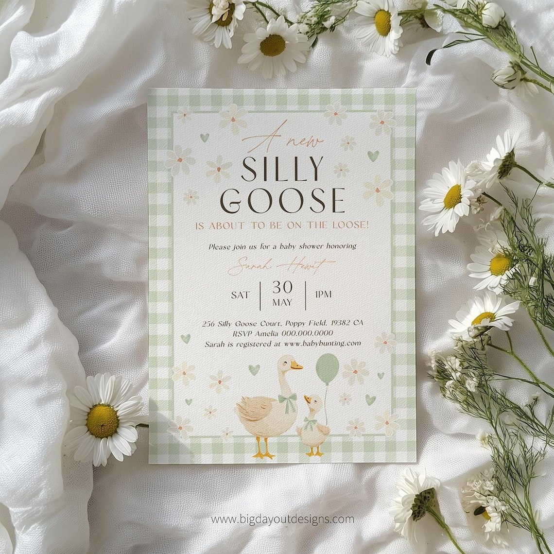 Goose Baby Shower Invite Green. Gender Neutral Gingham Silly Goose on ...