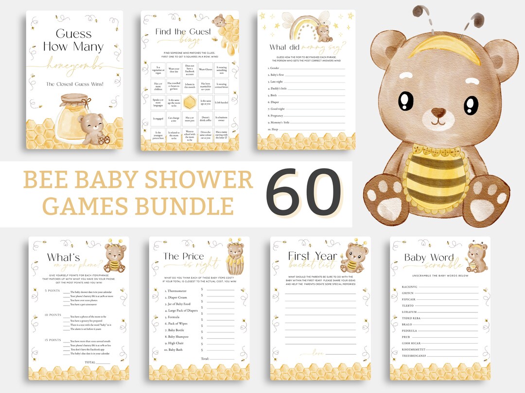 PRINTABLE Bee Baby Shower Games Bundle. 60x Bumble Bee Fun Game Set ...