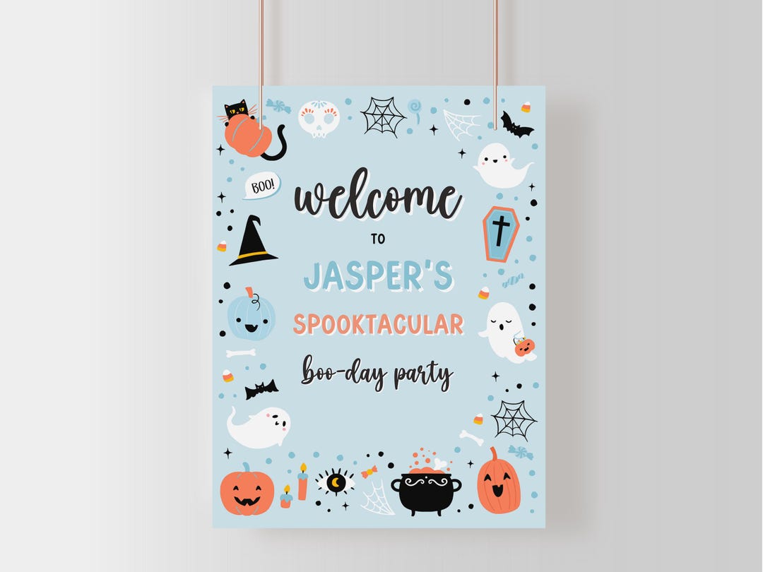 Editable Boys Halloween Ghost Welcome Sign. Blue Spooky Party Sign ...