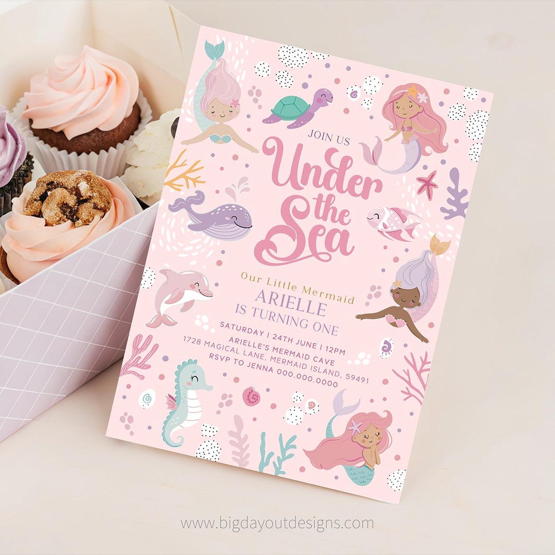 Editable Mermaid 1st Birthday Invitation - Under the Sea Party Invite ...