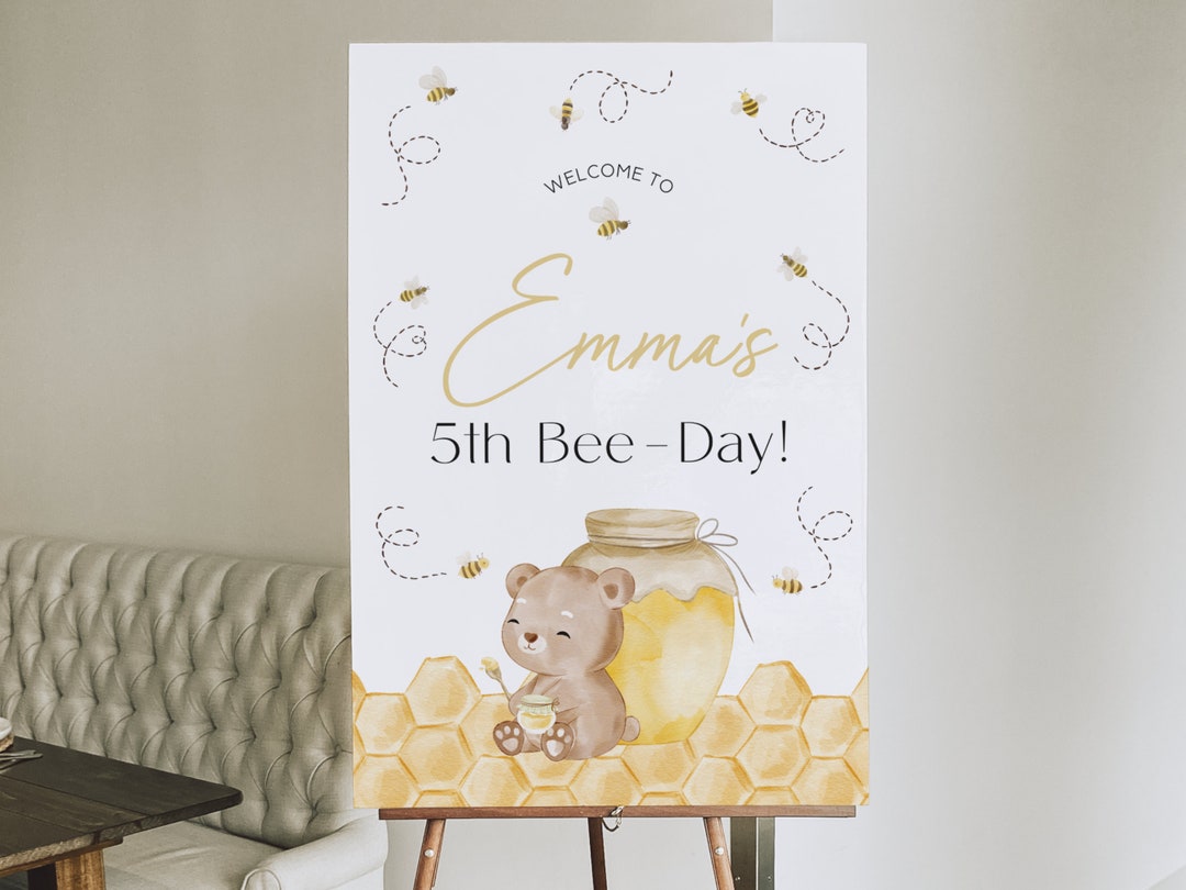 Editable Bee 5th Birthday Decor Custom Welcome Sign. Baby Bear Party ...