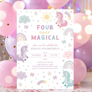Unicorn 4th Birthday Invitation. Editable Rainbow Template. Magical ...