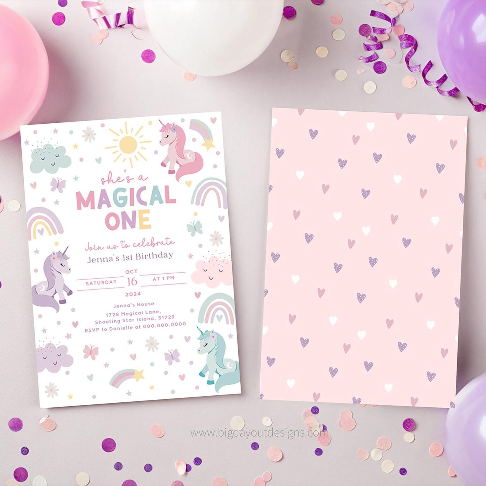 Unicorn First Birthday Invitation. Pastel Rainbow 1st Birthday Invite ...