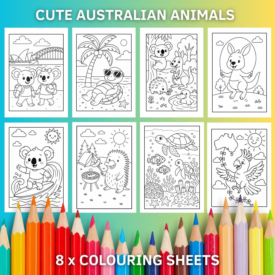 Cute Australia Aussie Colouring Page Sheets X 8 DIGITAL Printable ...
