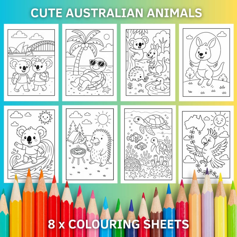 Cute Australia Aussie Colouring Page Sheets X 8 DIGITAL Printable ...