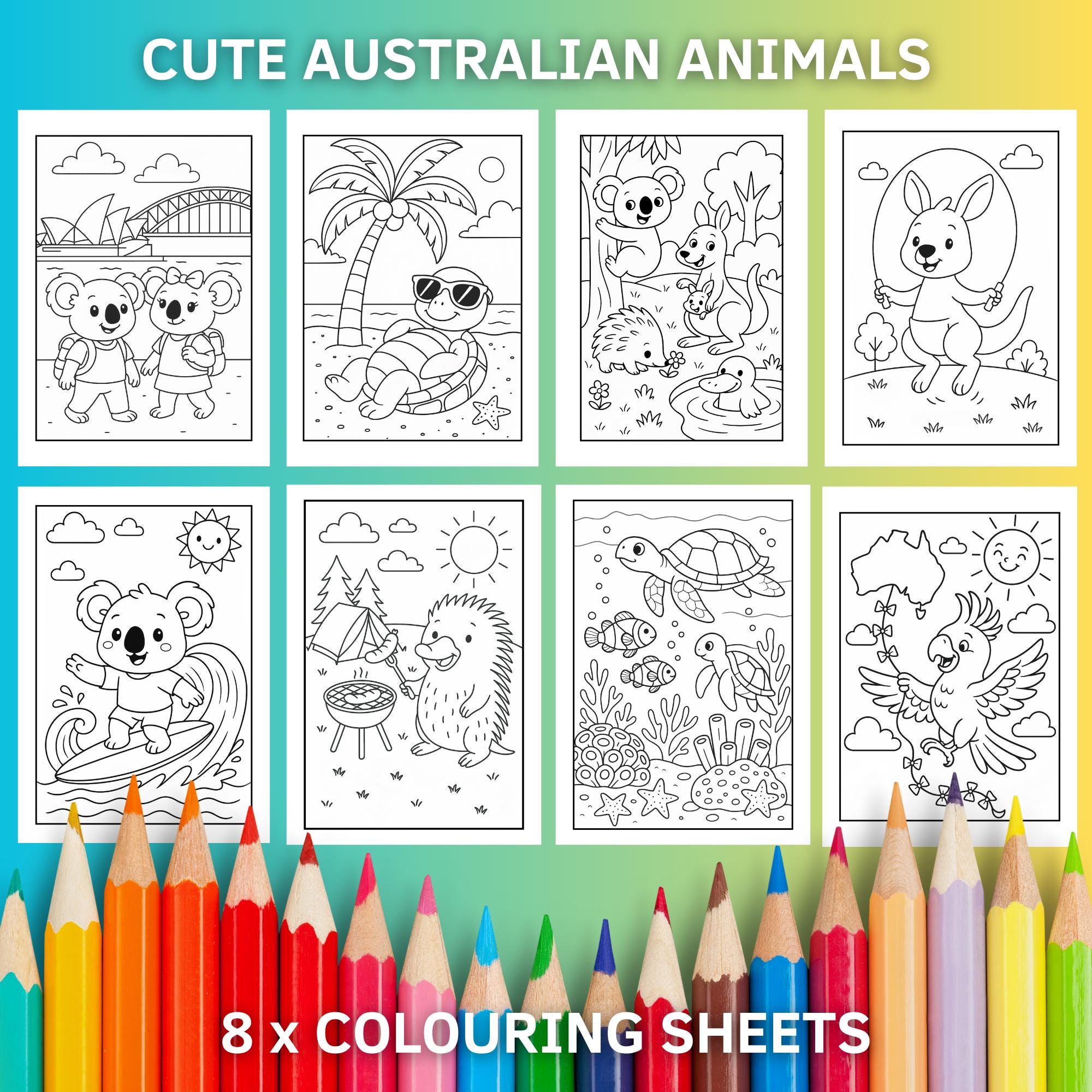 Cute Australia Aussie Colouring Page Sheets X 8 DIGITAL Printable ...