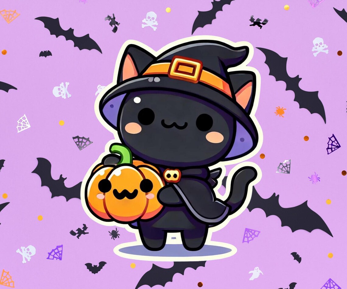 Black Cat Halloween Sticker | Pumpkin, Witch Hat, Vinyl Decal - Etsy