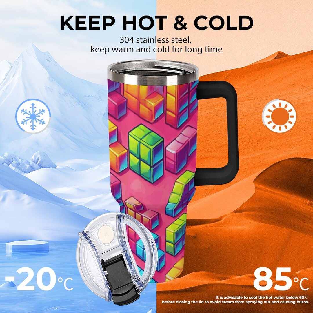Tetris-themed 40oz Insulated Tumbler With Handle, Retro Gaming Travel ...