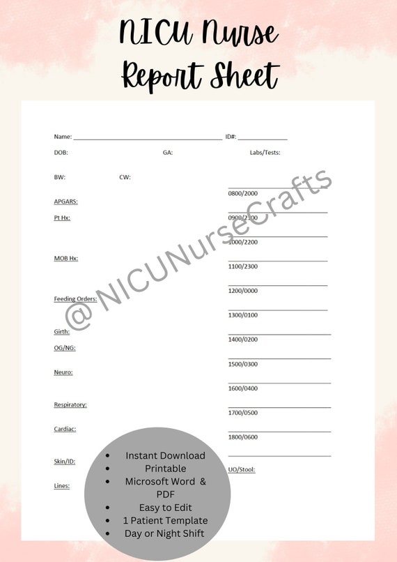 NICU Report Sheet Neonatal Icu Nurse Handoff Sheet NICU - Etsy
