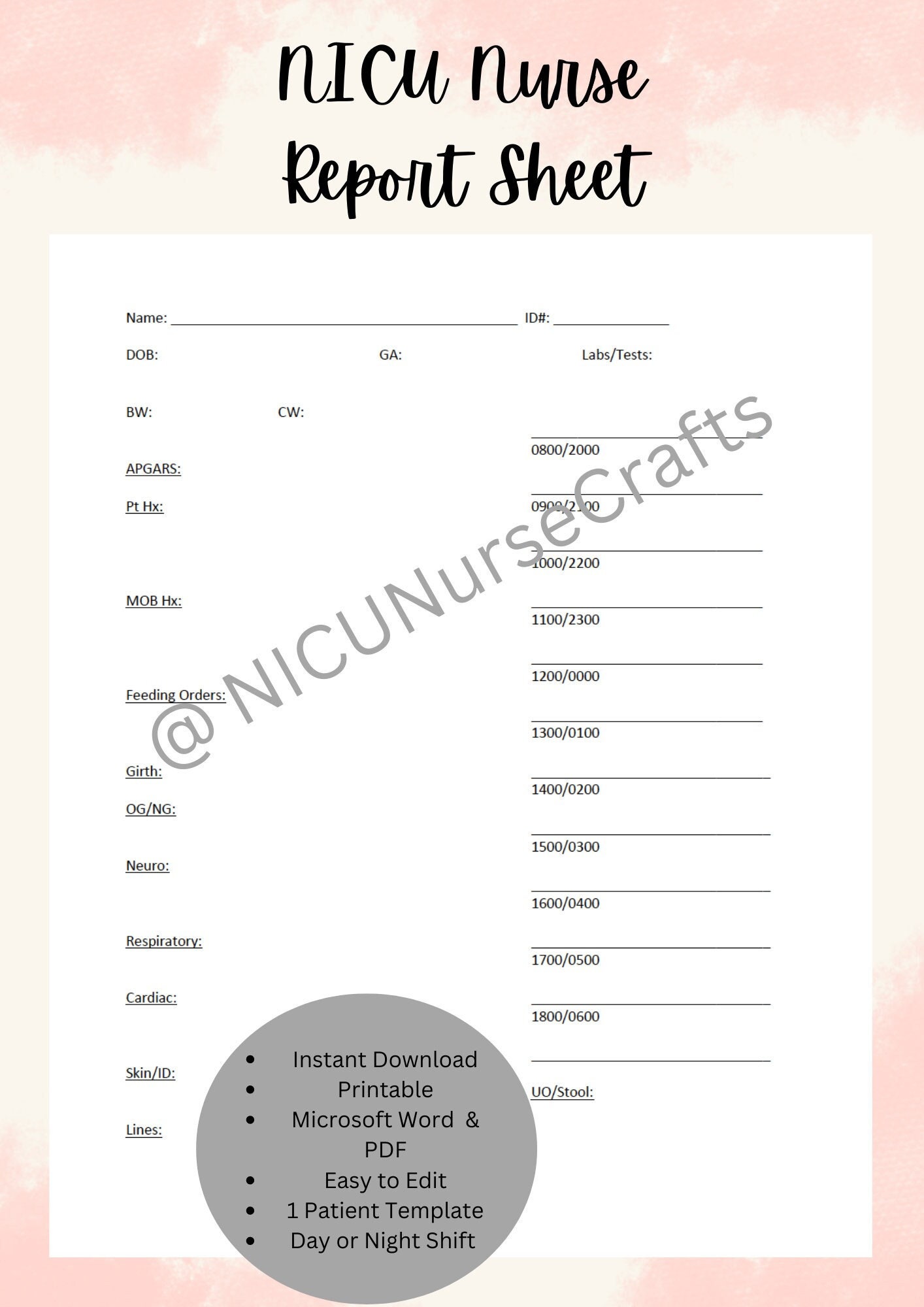NICU Report Sheet, Neonatal Icu Nurse Handoff Sheet, NICU Brain ...