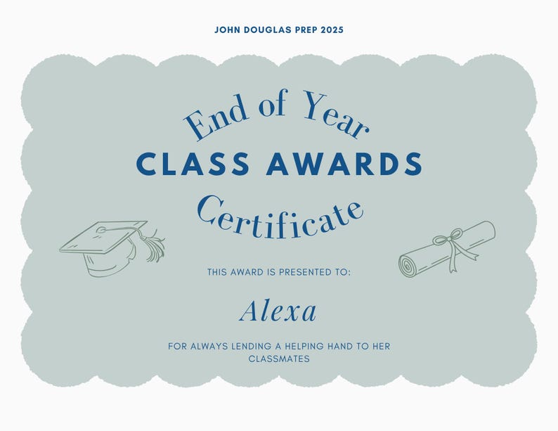 Editable Student Award Certificate: End of Year Class Awards (canva ...